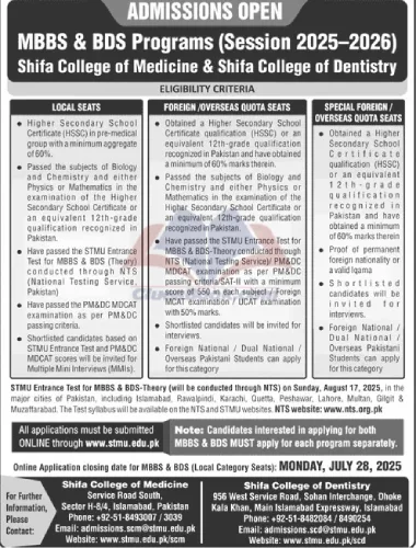 Shifa College Of Medicine & Dentistry Admissions | Apply Now